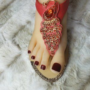 SilverDew | Shoes | Red Rhinestone Peacock Toe Strap Sandals | Poshmark